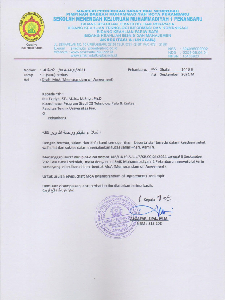 Balasan Draft MoA Kerja Sama UNRI Evelyn-Edit Ibu | PDF