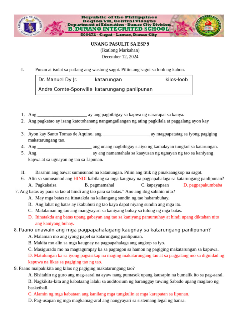 Unang Pasulit Sa Esp 9-Week 1 | PDF