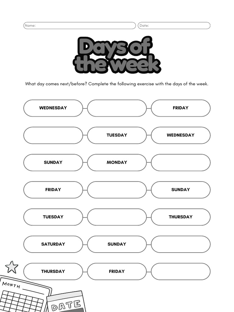 Days of The Week Worksheet in Blue Simple Style | PDF