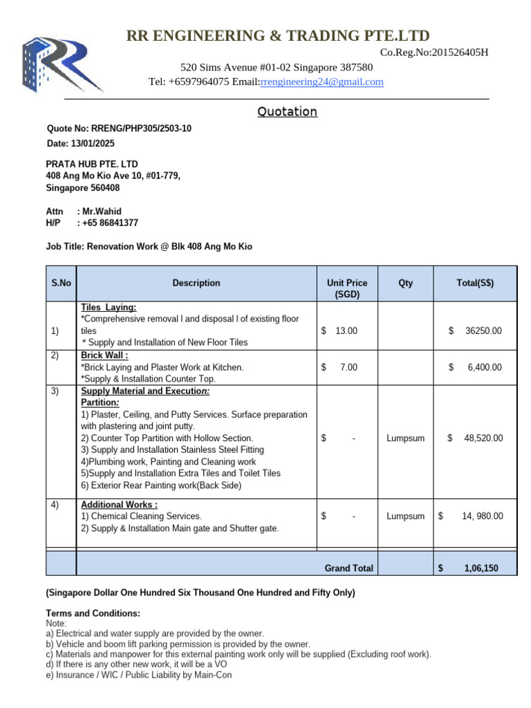Quotation For Prata Hub Pte LTD | PDF | Tile | Building Engineering