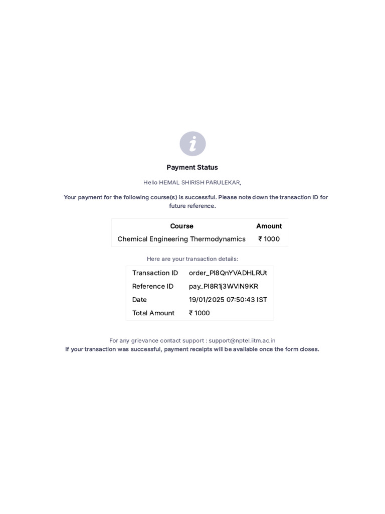 NPTEL Course Payment Confirmation | PDF