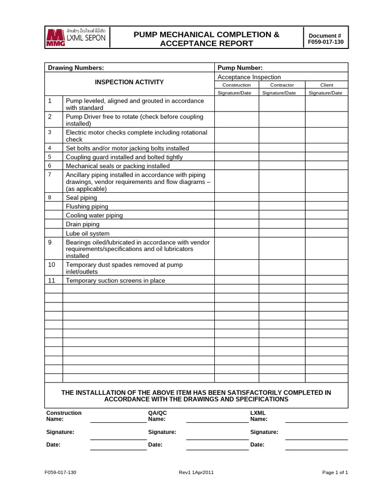 Pump Mechanical Completion Checklist | PDF