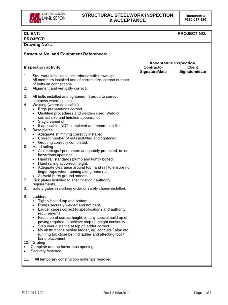 F110-017-120 Structural Steelwork Inspection & Acceptance Rev1 | PDF ...