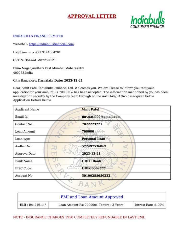 Indiabulls Loan Approval for Vinit Patel | PDF