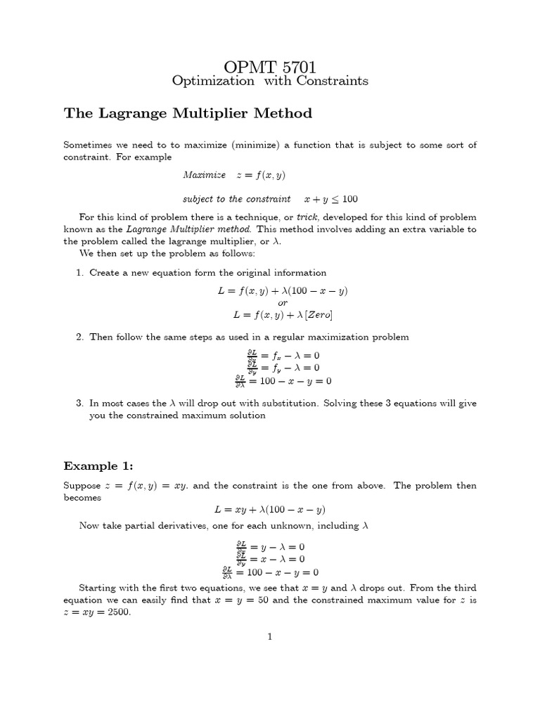 lagrange multiplier technique | PDF | Mathematics | Equations