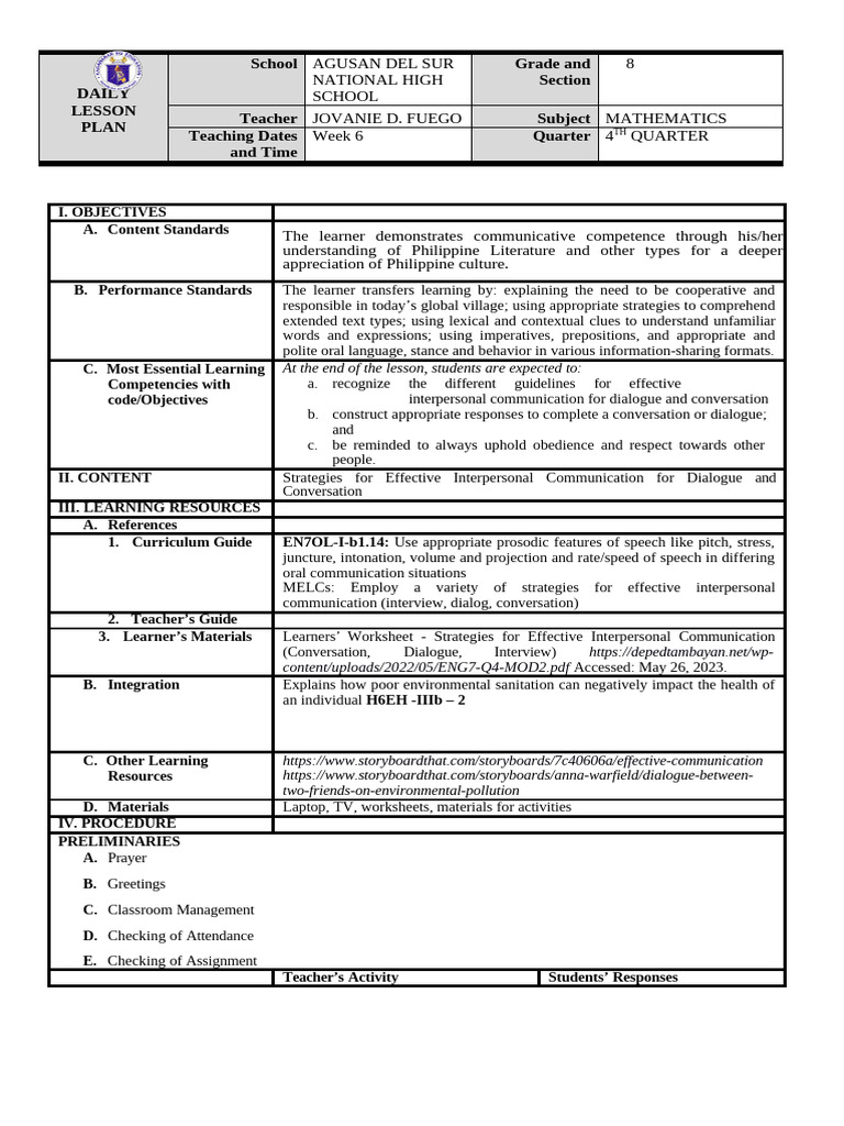q4 Week 2 a Detailed Lesson Plan 4as for English 7 Interpersonal ...