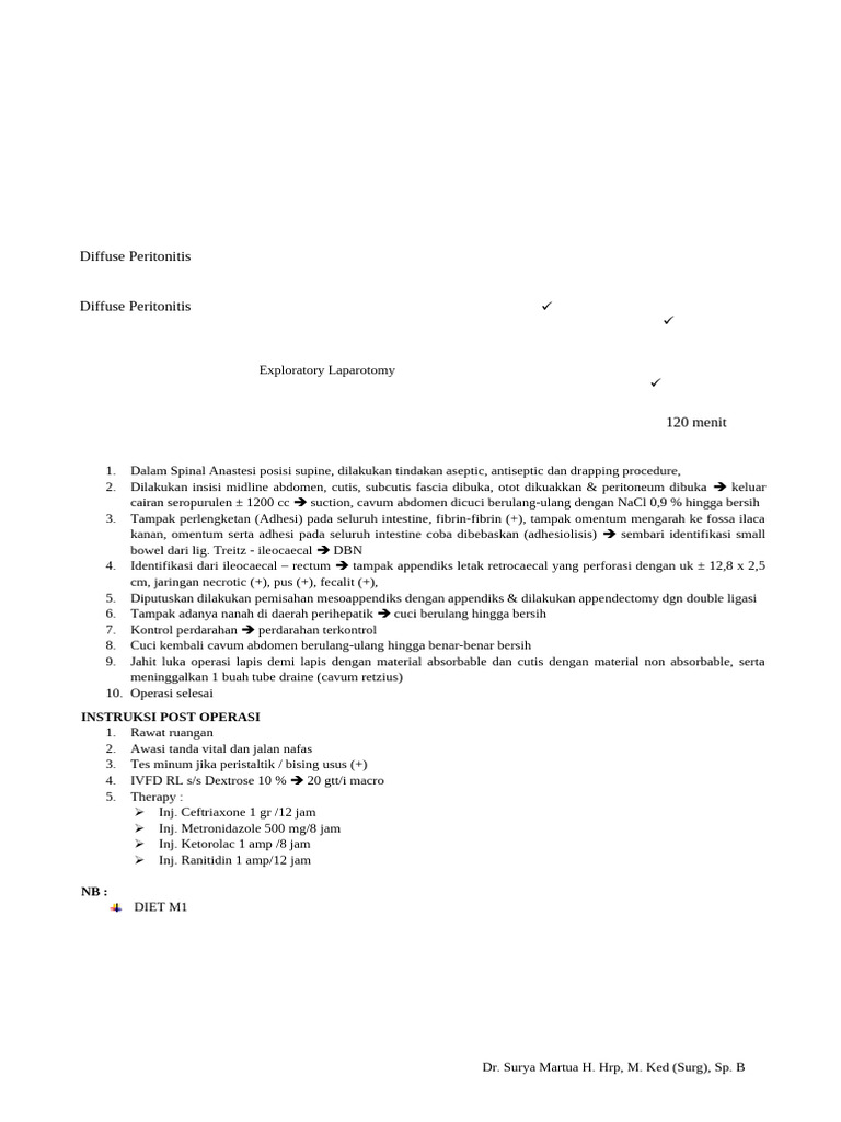 Laporan Operasi - Peritonitis DT App Perforation (AutoRecovered) | PDF