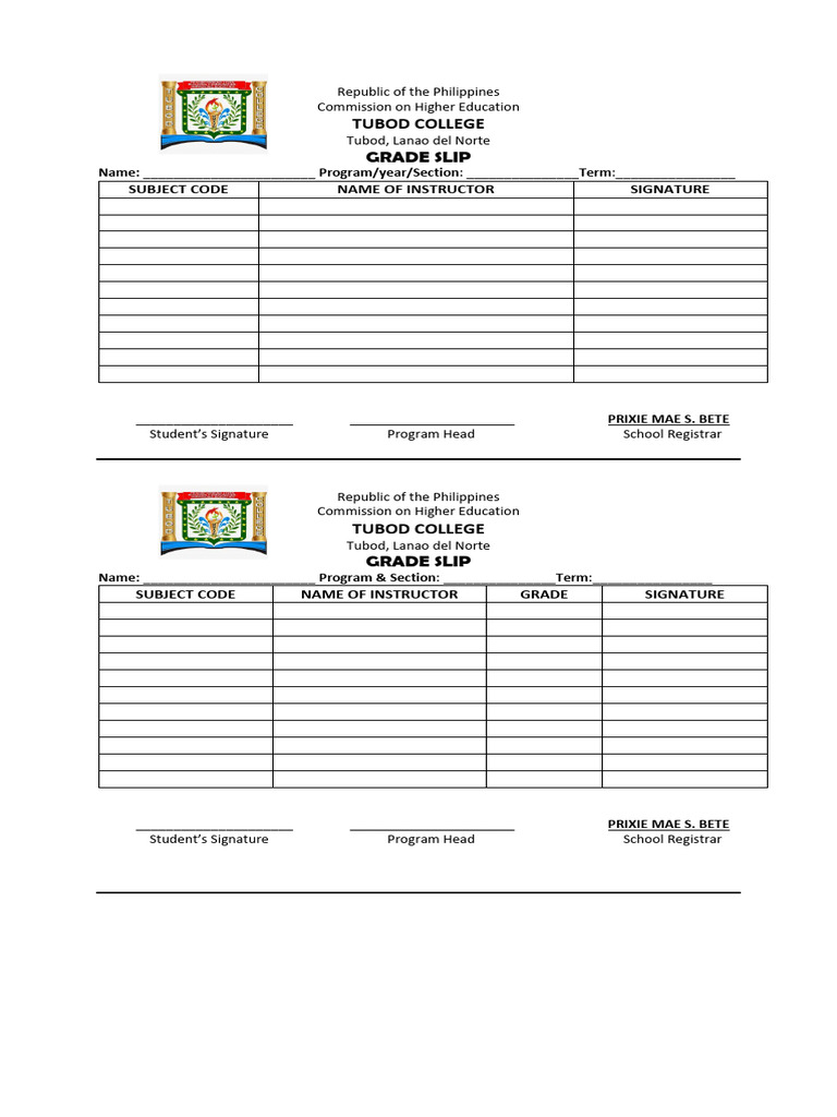 Tubod College Grade Slip Template | PDF