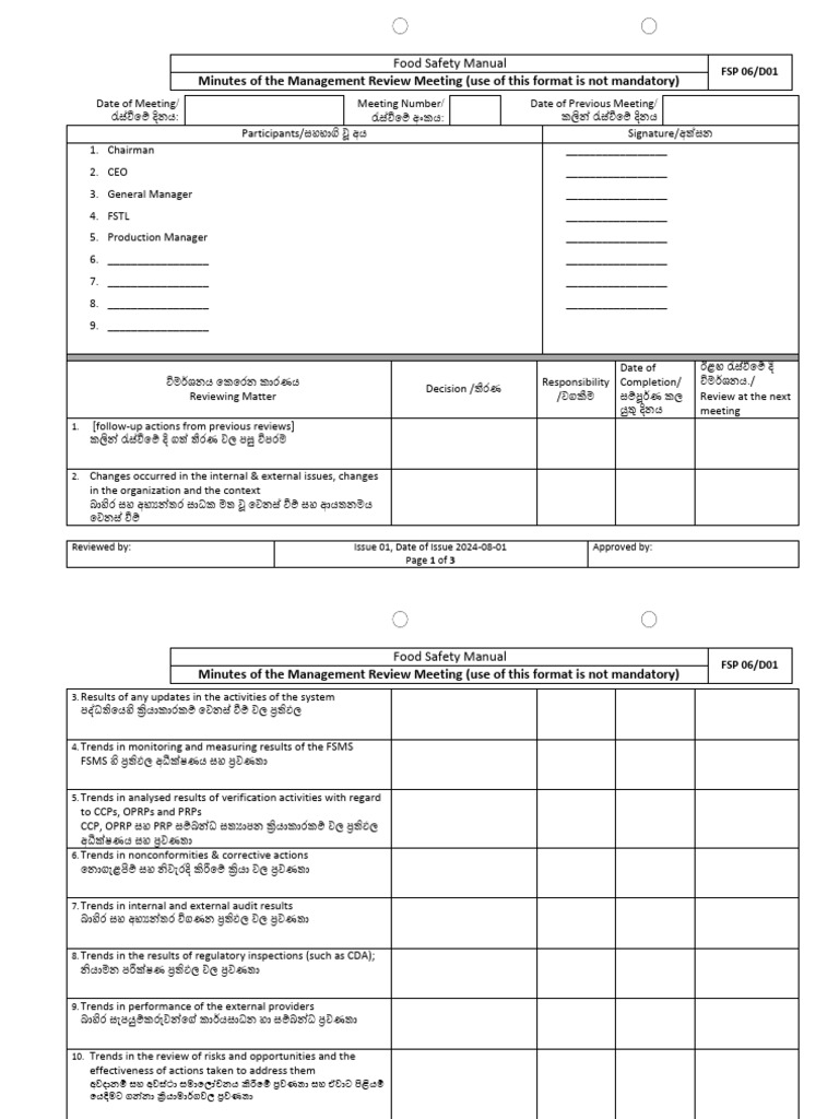 Management Review Minutes Template ISO 22K | PDF