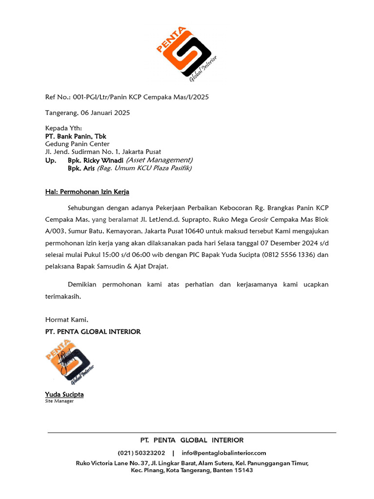 001-Surat Izin Kerja Panin KCP Cempaka Mas | PDF