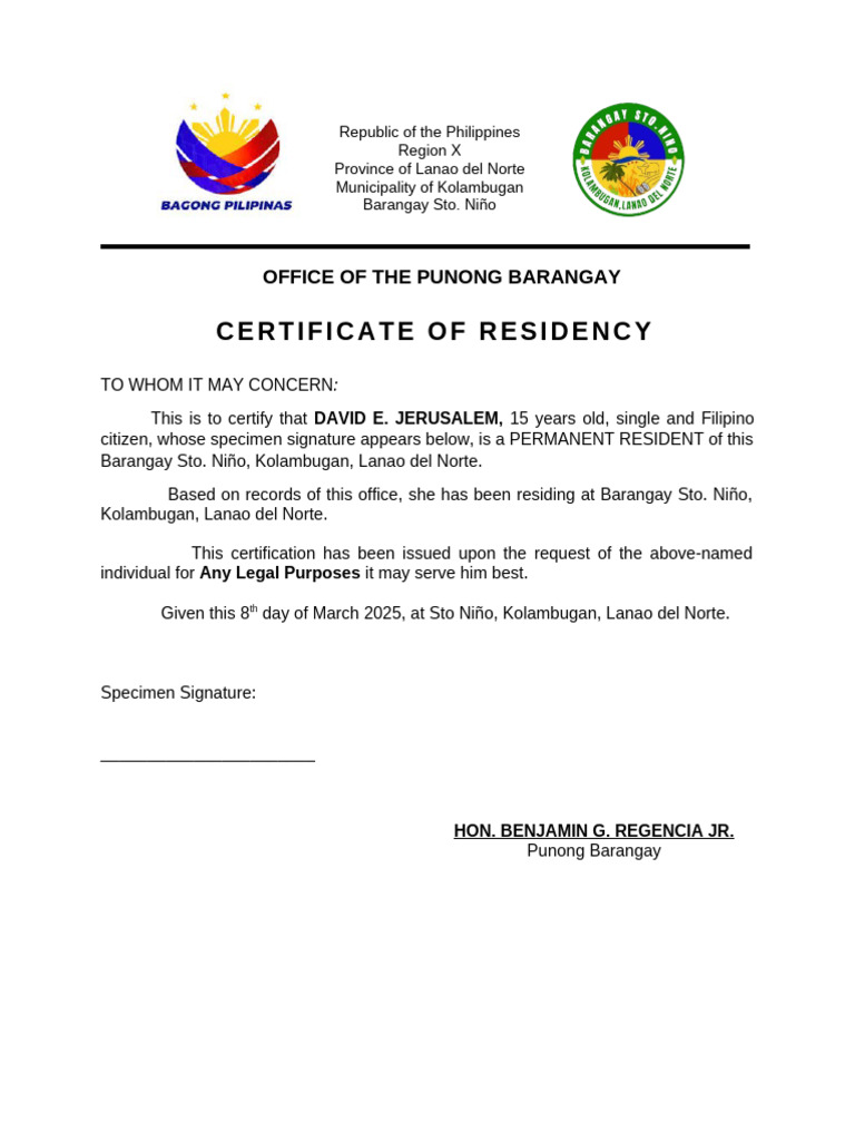 Certificate of Residency David | PDF