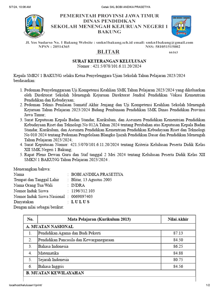 Cetak SKL BOBI ANDIKA PRASETIYA | PDF