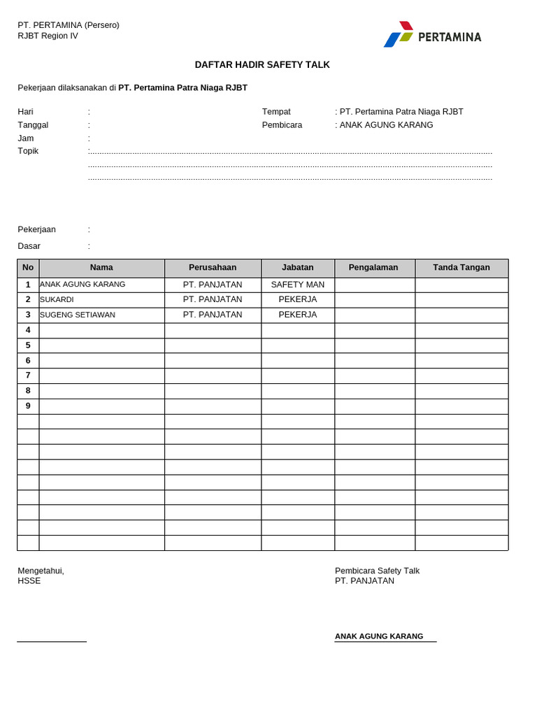 Daftar Hadir Safety Talk + DCU | PDF