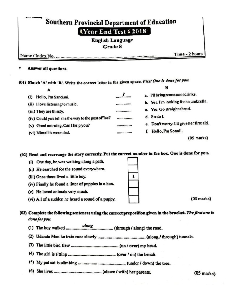 English Grade 8 Third Term Test 2018 Southern Province | PDF