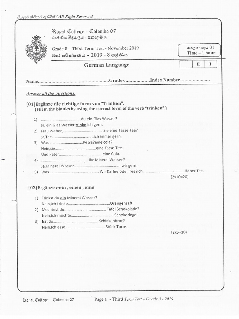 Royal College Grade 08 German Third Term Paper | PDF