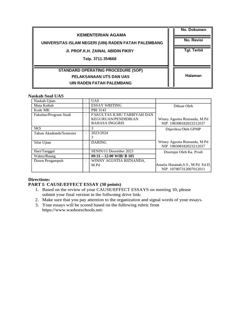 Soal Uas - Essay Writing - Ganjil20232024 - Winny Ar | PDF