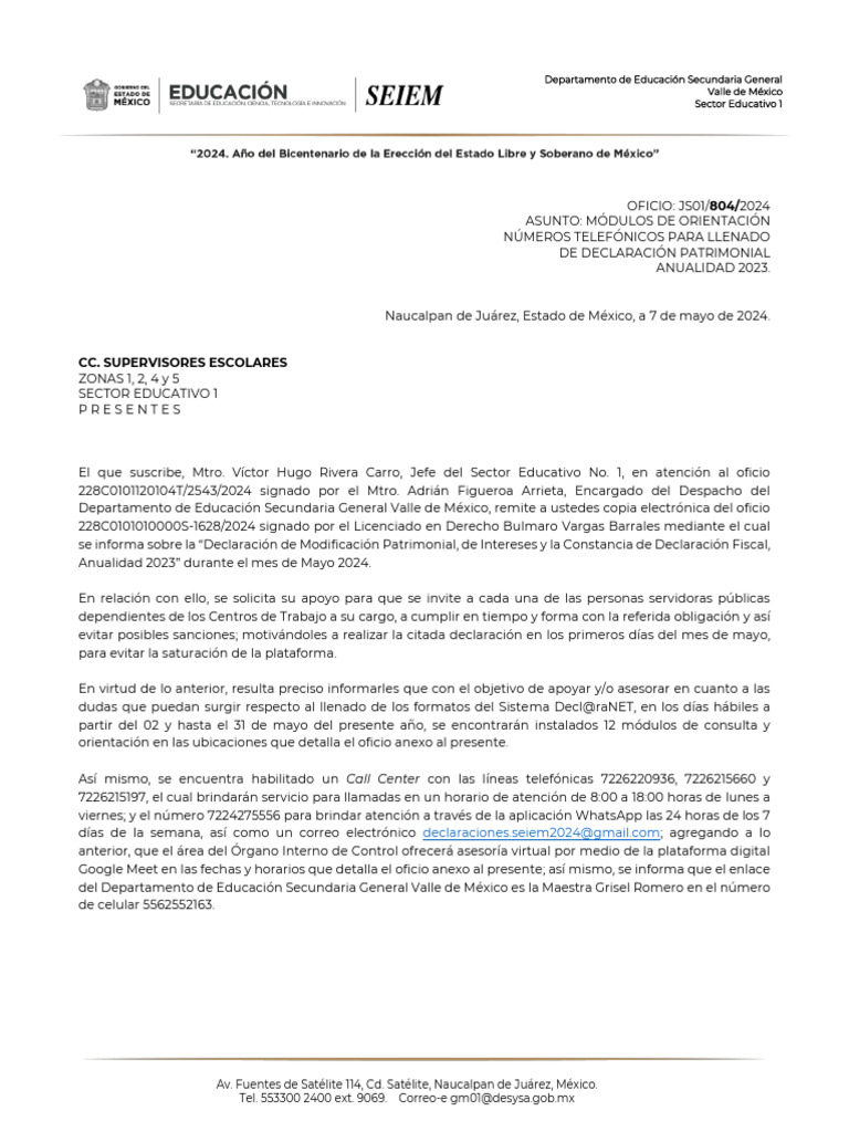 Oficio 804 Módulos Y Números Telefónicos Para Llenado De Declaración