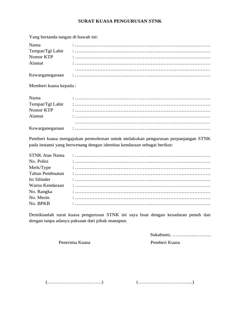 Surat Kuasa Pengurusan STNK | PDF