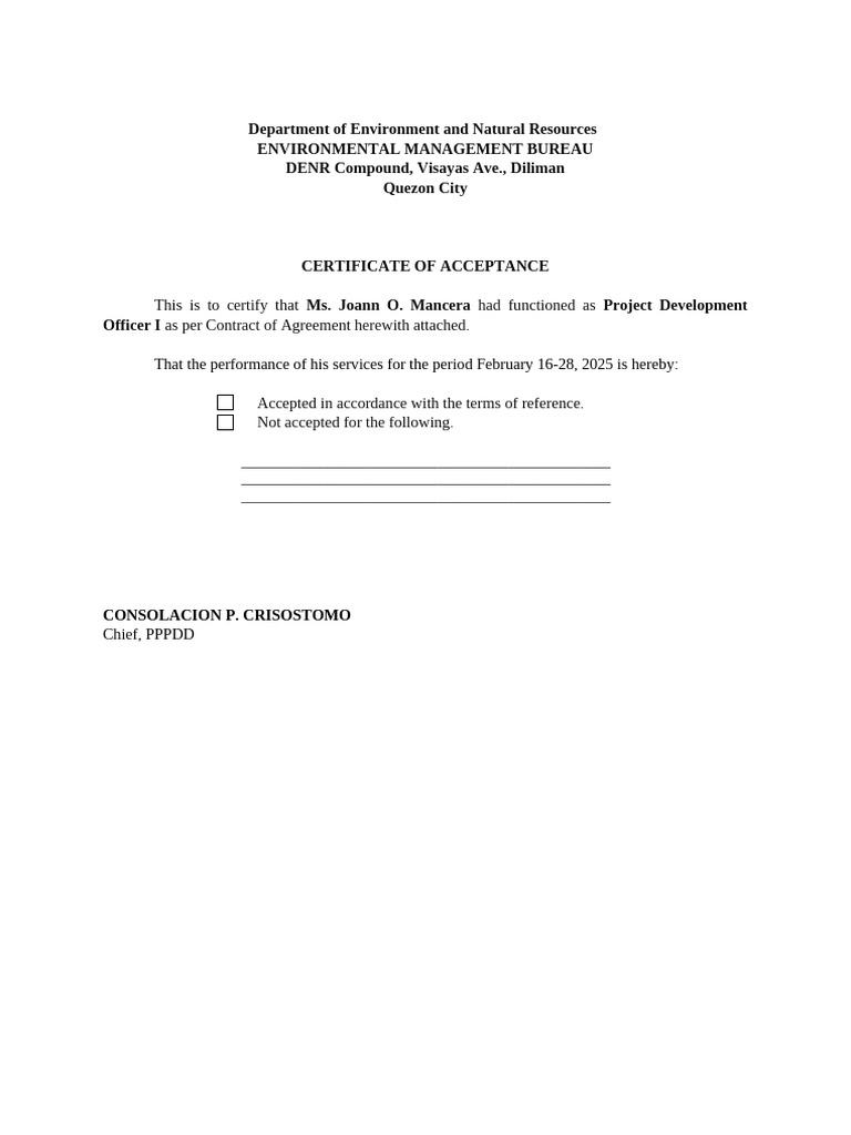 Certificate of Acceptance Updated (2) | PDF | Resource