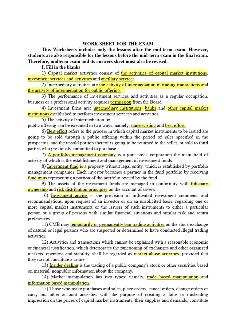 Capital Market Exam Worksheet Guide | PDF | Insider Trading | Investing