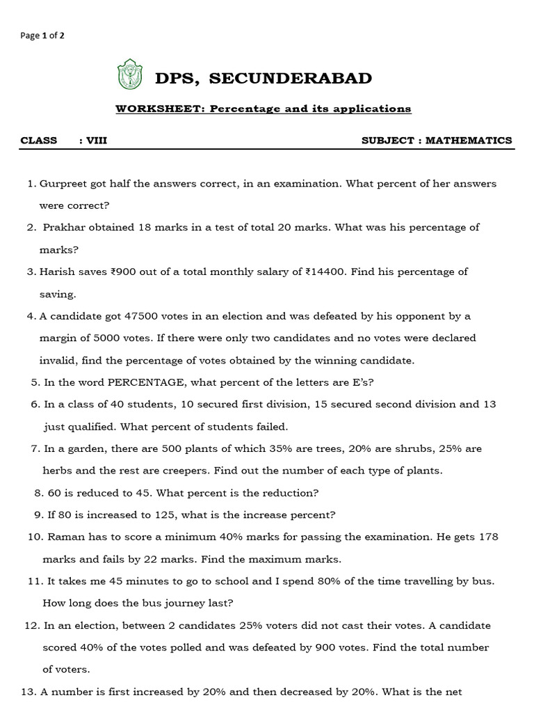 Cl8 - Chap - Percentage and Its Applications - WS | PDF