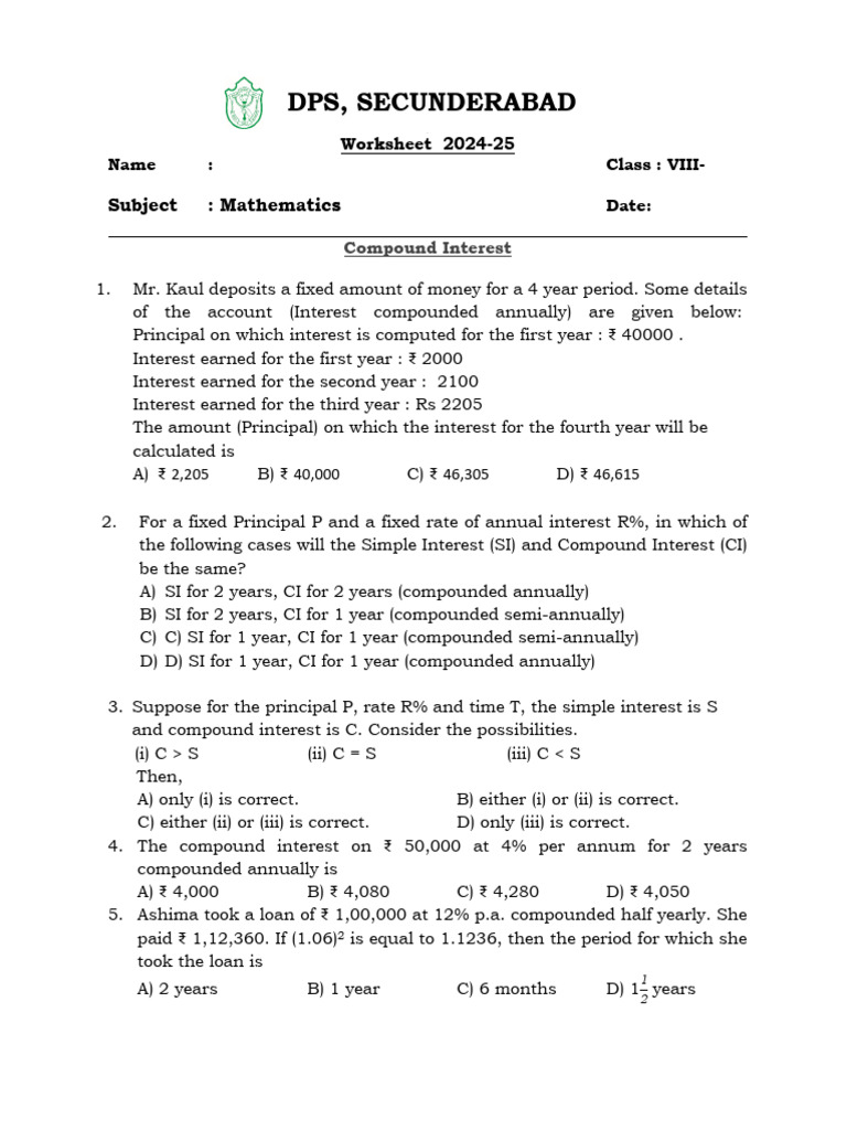 CL 8 - Math - Ls 9 - Compound Interest - WK | PDF | Compound Interest ...