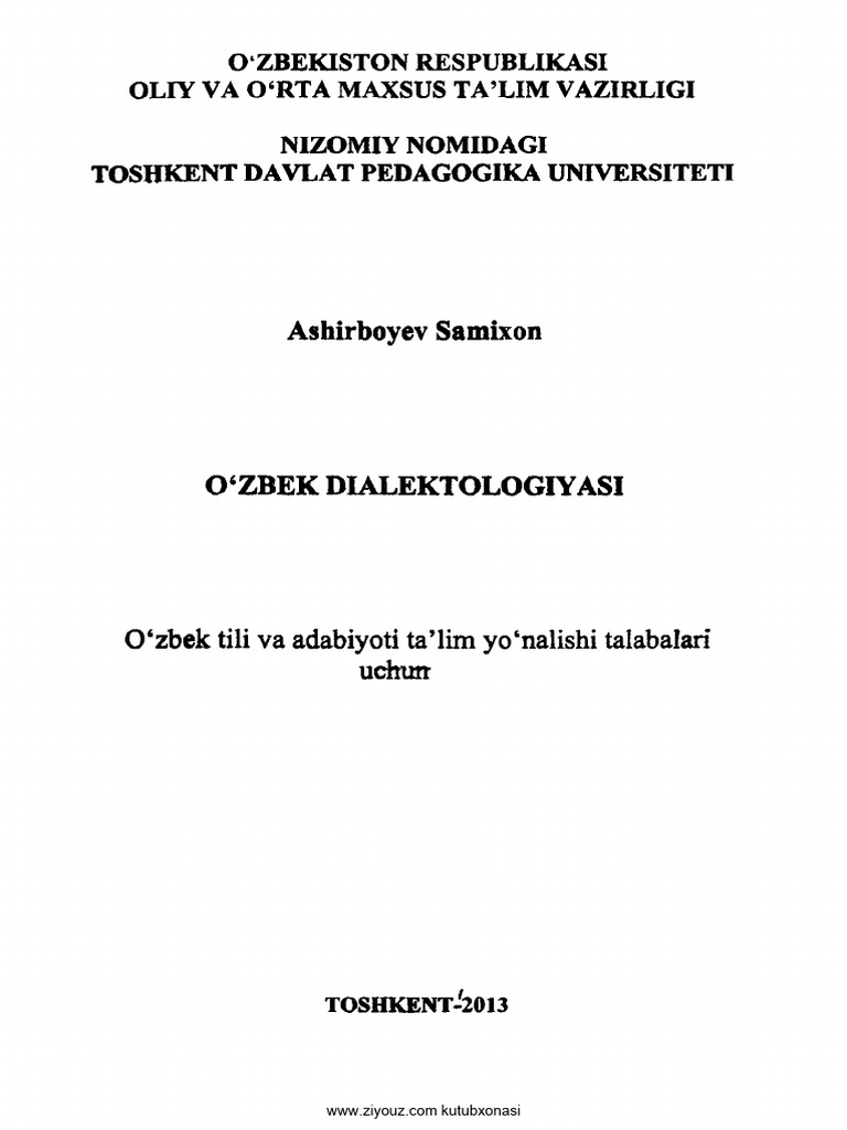 O'Zbek Dialektologiyasi (Samixon Ashirboyev) | PDF