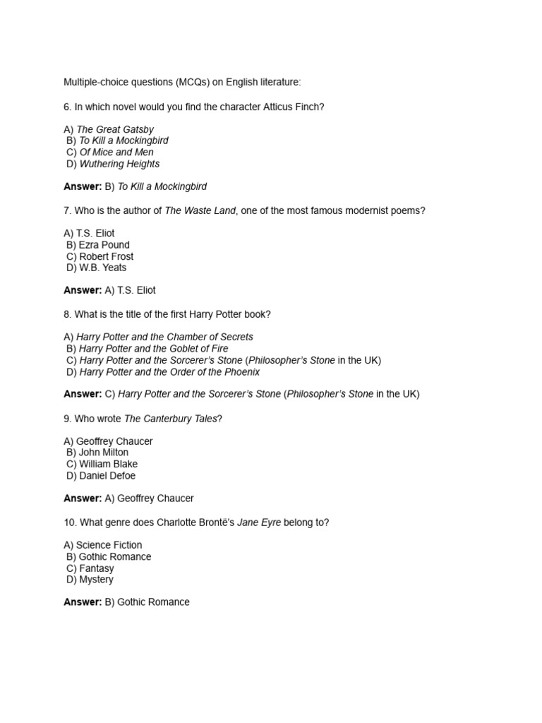 MCQs English Literature 6-10 | PDF