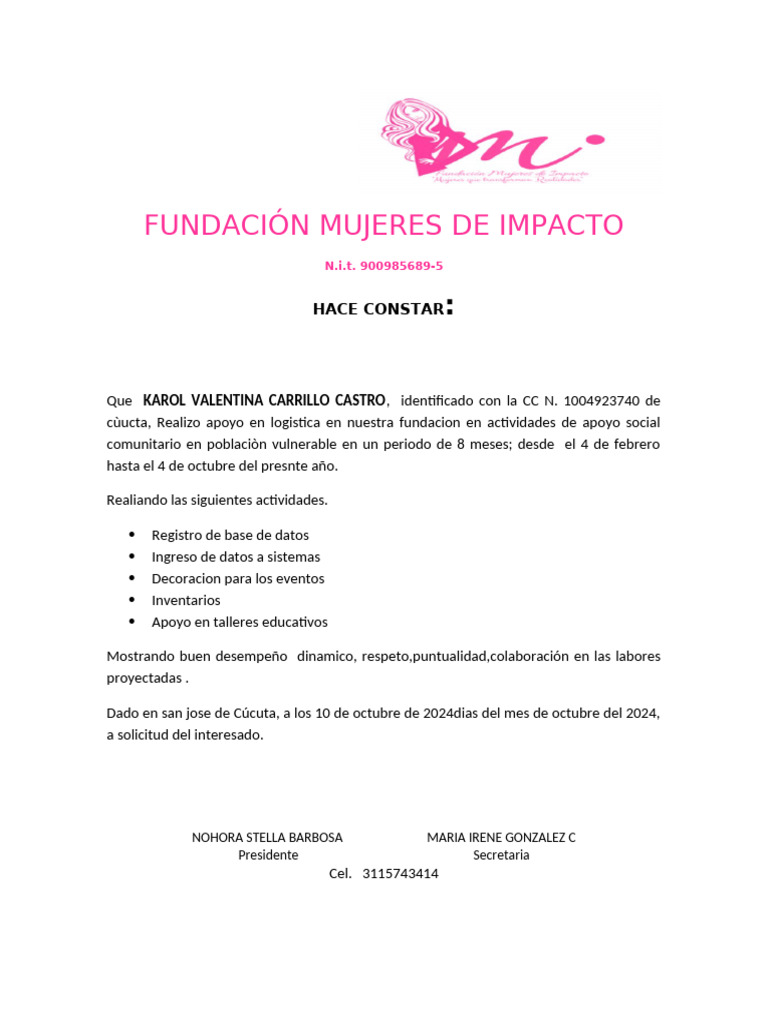 Certificado Laboral Karol Valentina Carrillo | PDF