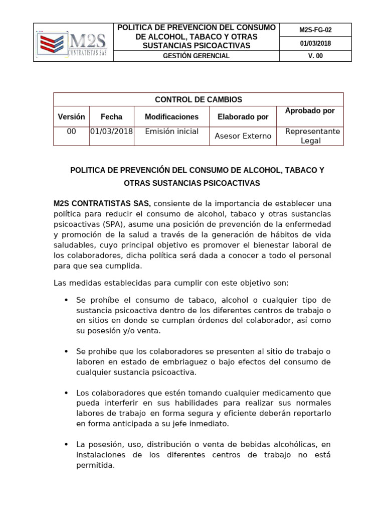 Política de Prevención del Consumo de Alcohol Tabaco y otras Sustancias Psicoactivas (2) | PDF ...