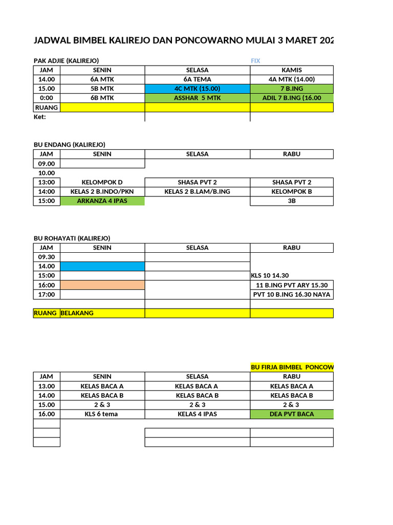 Jadwal Les Mulai 10 Maret 2025 | PDF