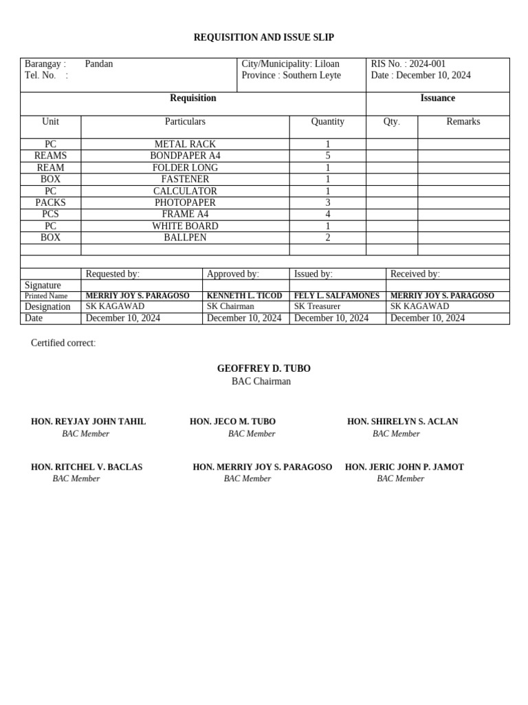 Barangay Requisition and Issue Slip | PDF