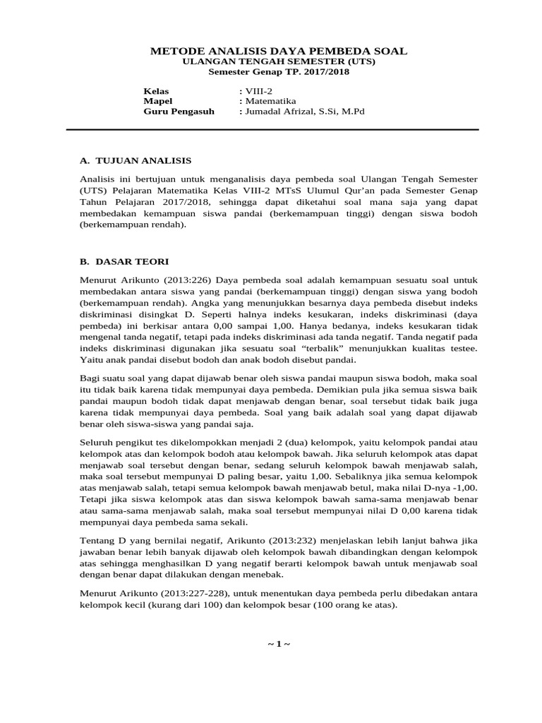 Analisis Daya Pembeda Soal UTS Matematika | PDF