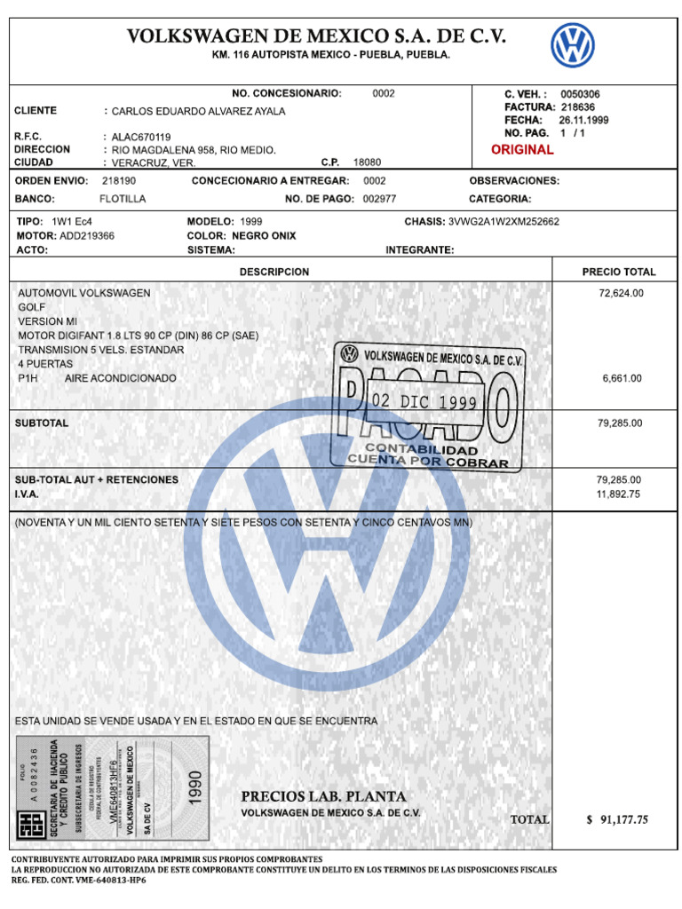 Factura Volkswagen de Mexico Sa de CV | PDF