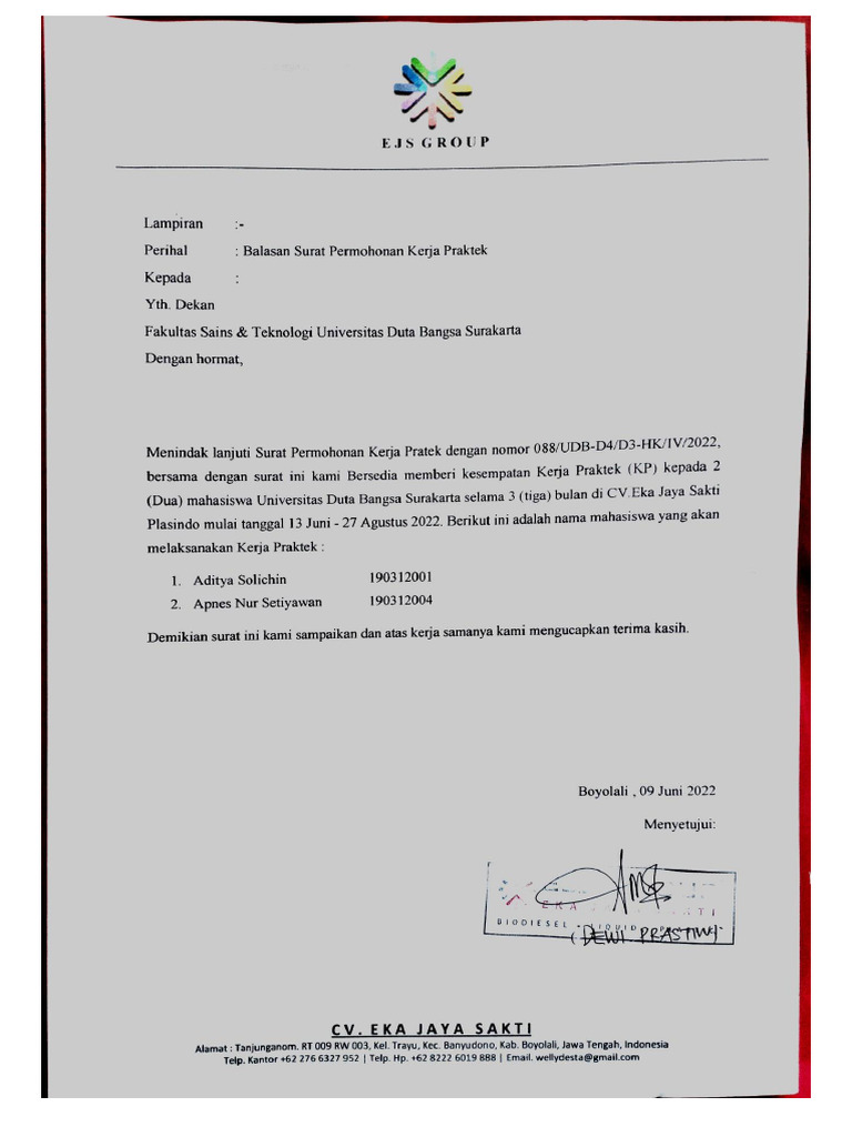 Surat Balasan Magang CV EJS | PDF