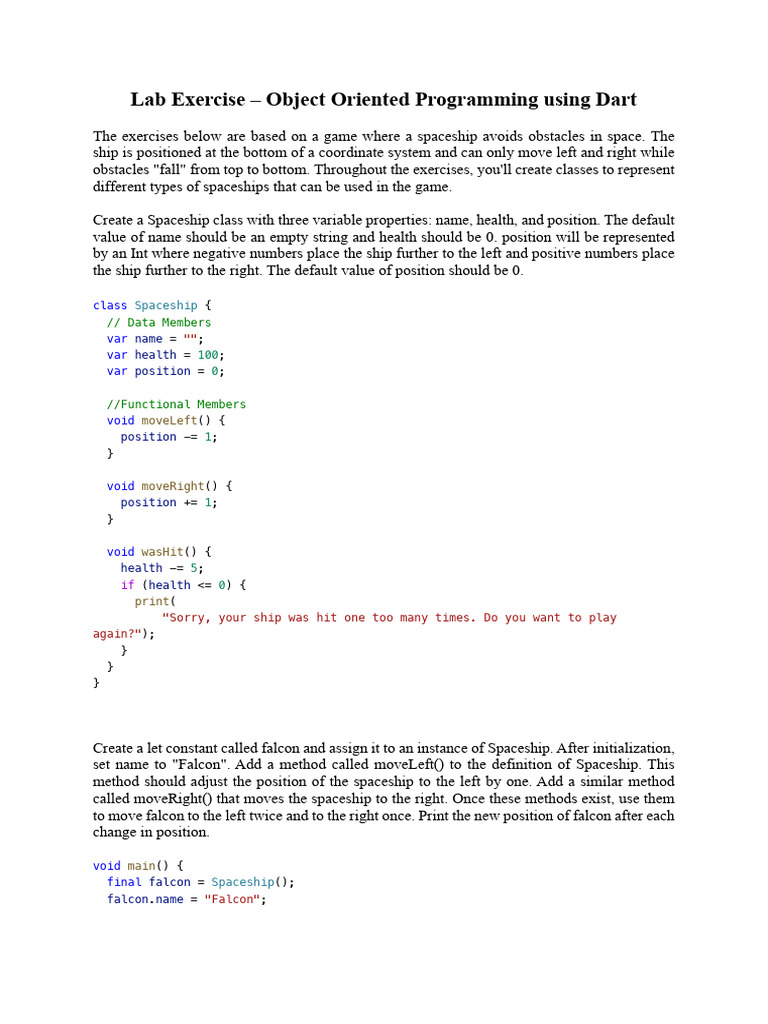Lab 1.2 – Object Oriented Programming Using Dart | PDF | Method (Computer Programming) | Class ...