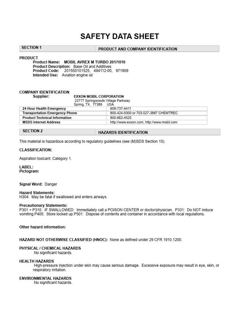 MSDS Mobil Avrex M Turbo 201 1010 | PDF | Hazards | Occupational Safety ...