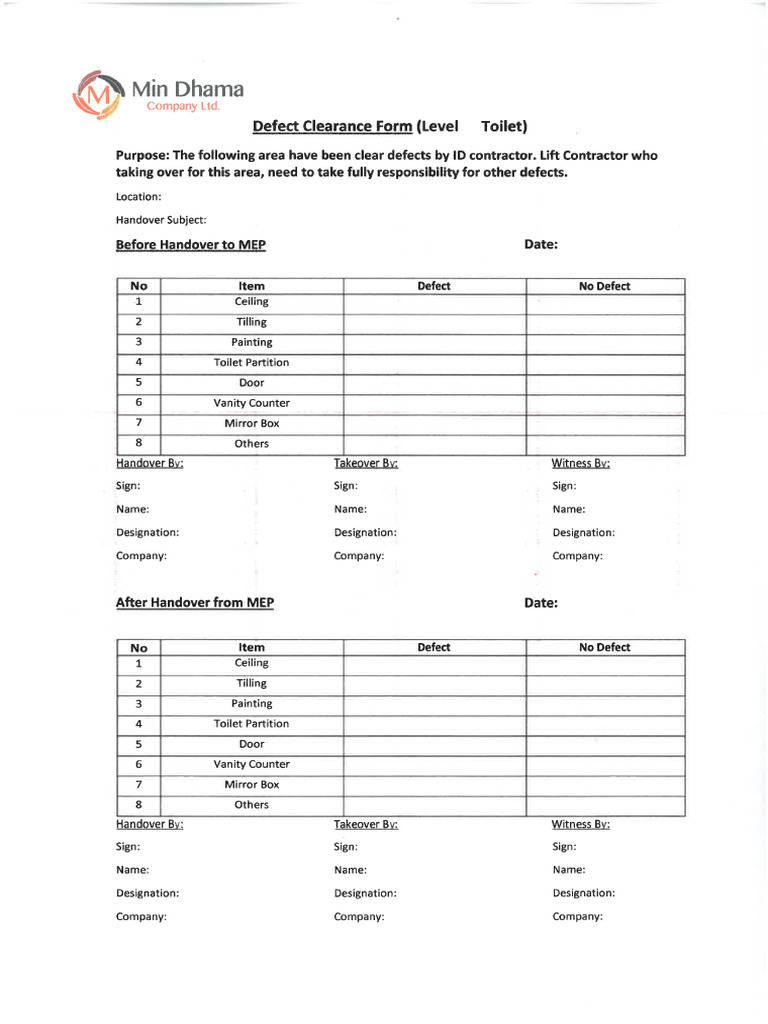 Toilet Room Handover Form | PDF