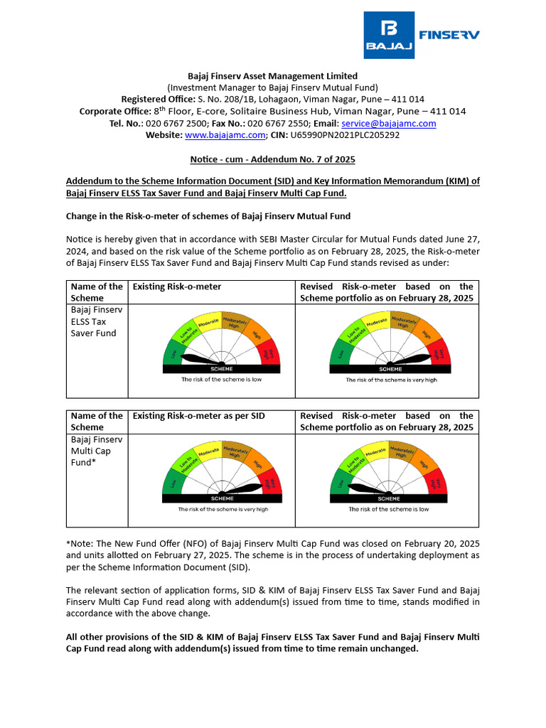 Change in Riskometer of Schemes of Bajaj Finserv Mutual Fund | PDF ...