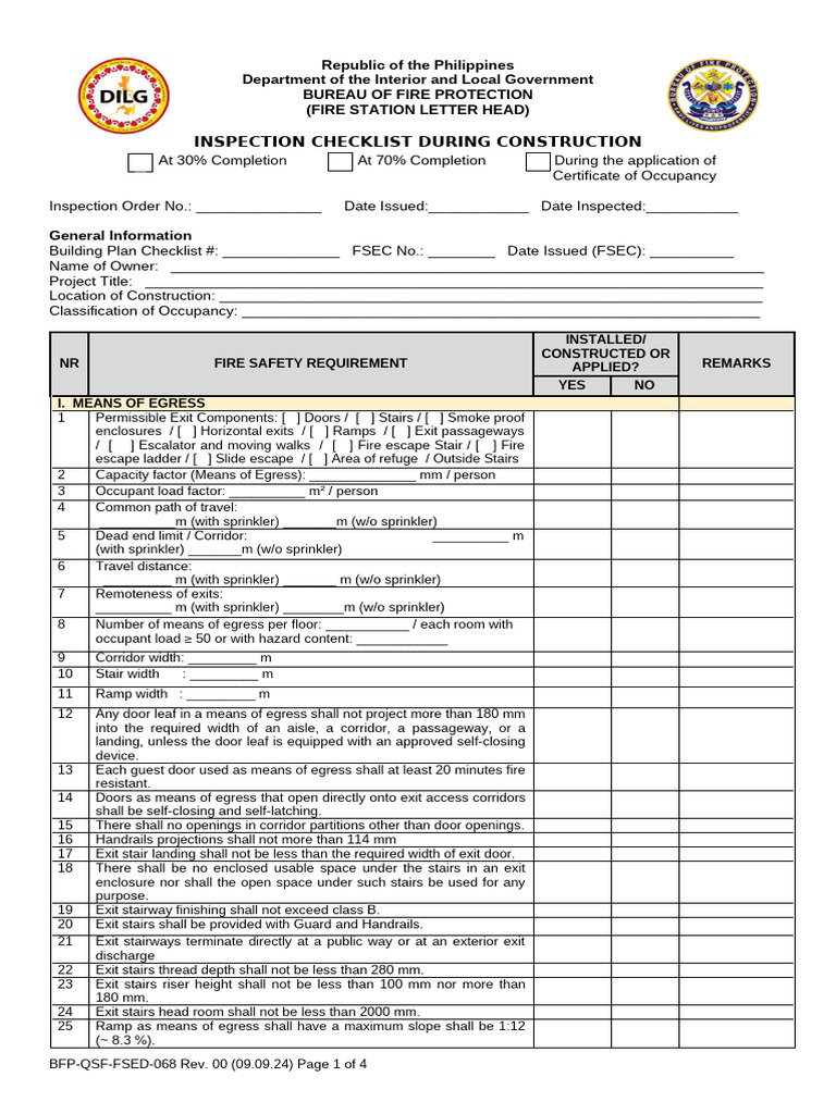 FSED 068 Inspection Checklist During Construction Rev00 NEW | PDF ...
