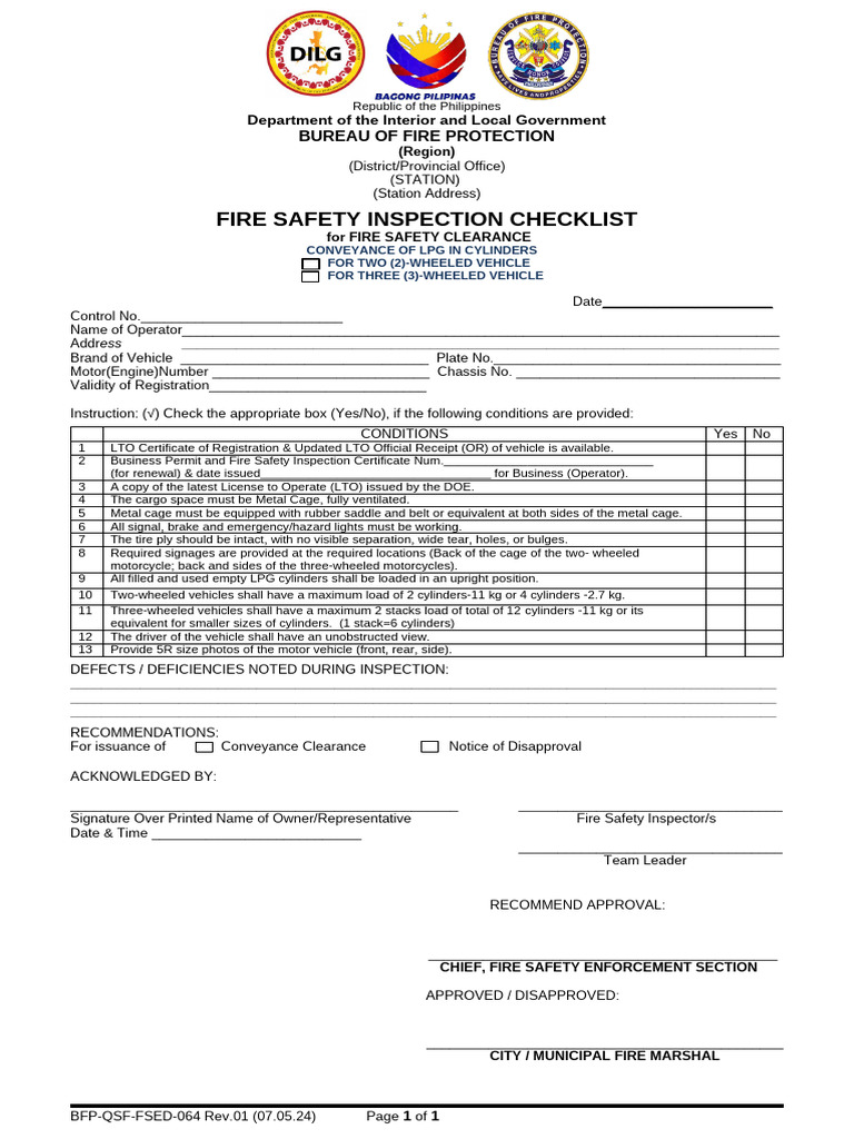Fire Safety Inspection Checklist for LPG Vehicles | PDF | Vehicles ...