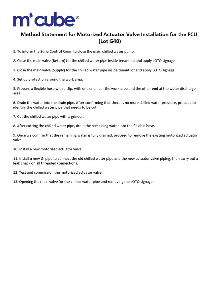 Method Statement For Motorized Actuator Valve Installation (Lot G48) | PDF
