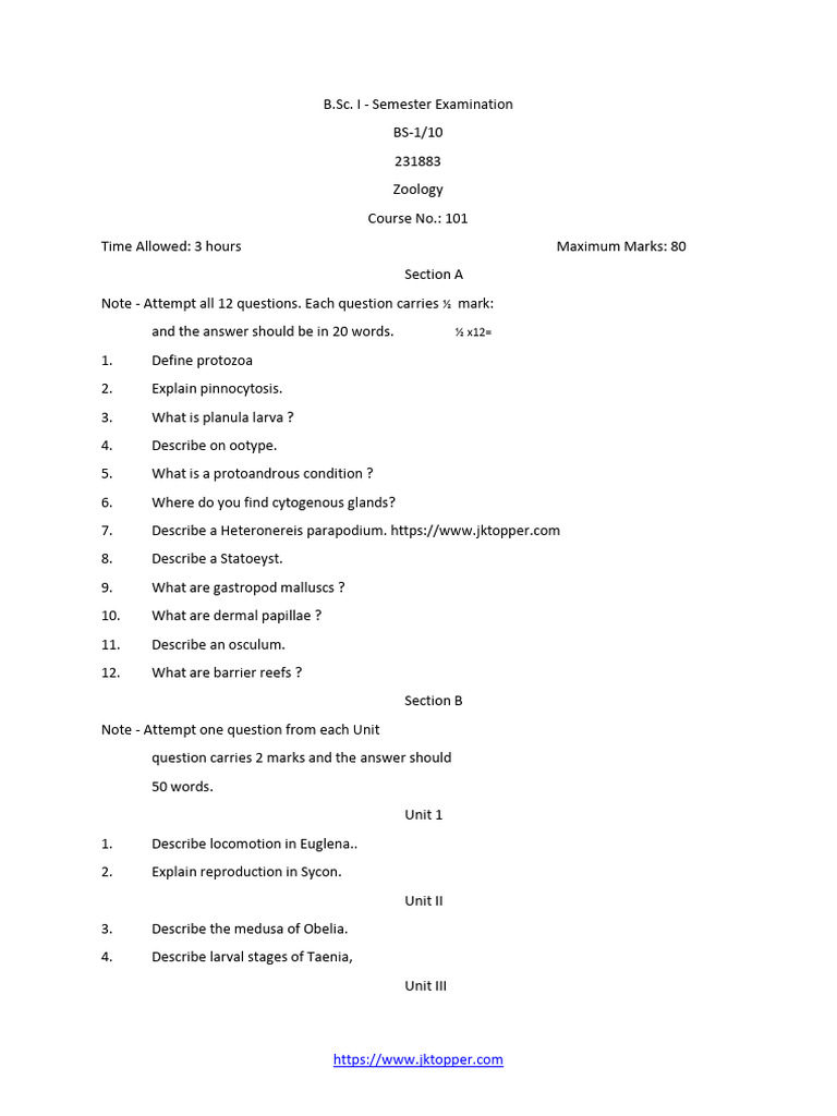 Zoology B.Sc. I Exam Questions Guide | PDF