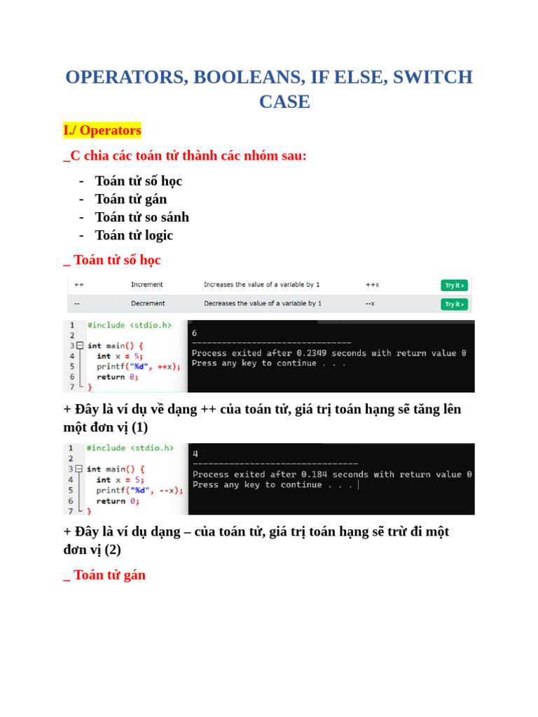 OPERATORS, BOOLEANS, IF ELSE, SWITCH | PDF