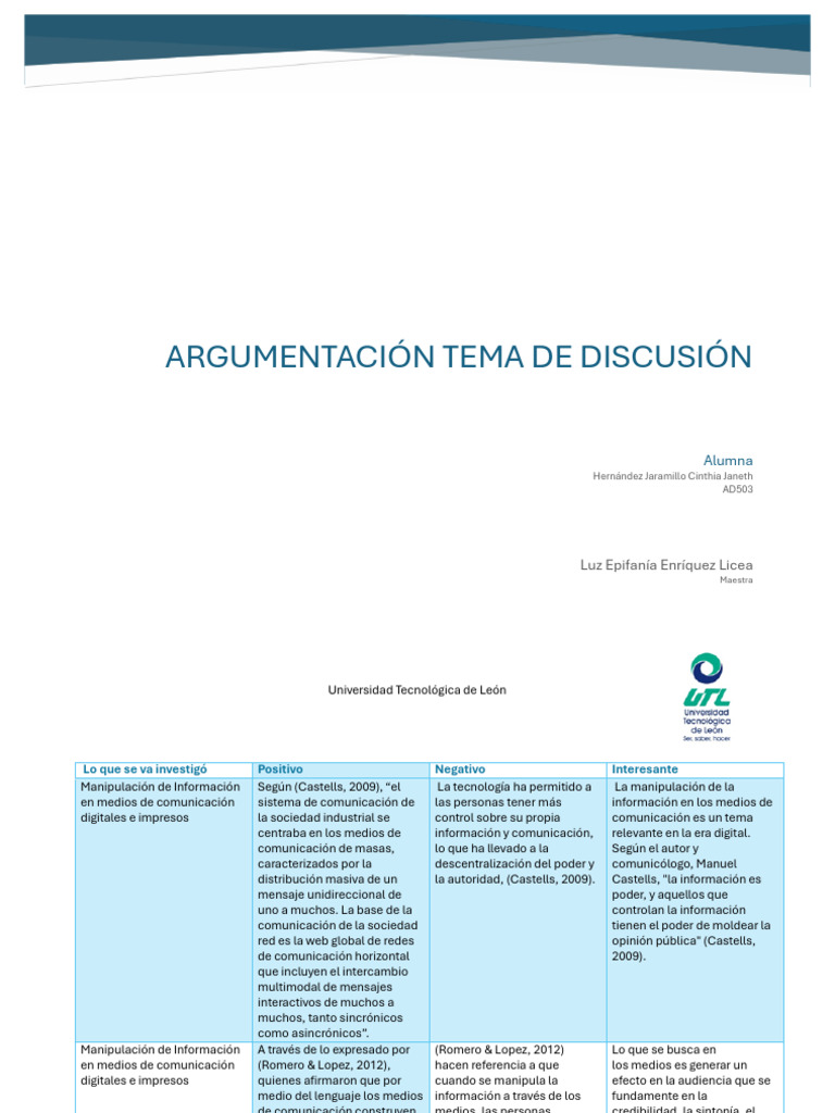 Argumentación Tema de Discusión | PDF | Medios de comunicación ...