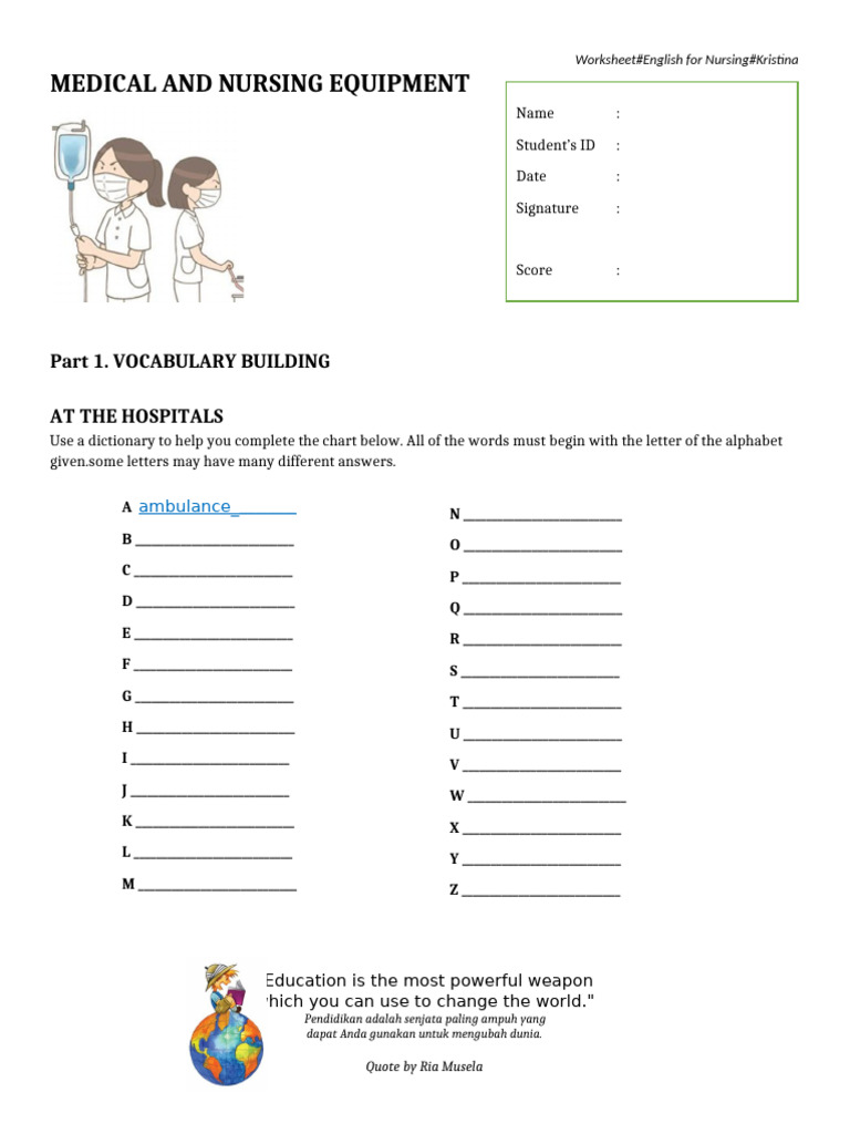 Nursing Vocabulary and Activities Worksheet | PDF | Hospital | Patient