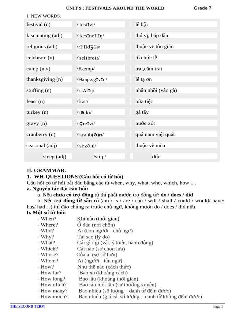 T V NG Và NG Pháp Anh 7 UNIT 9 | PDF