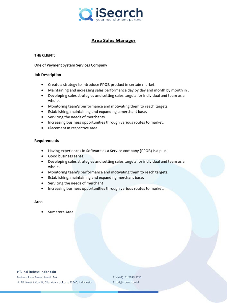 Area Sales Manager for PPOB in Sumatera | PDF