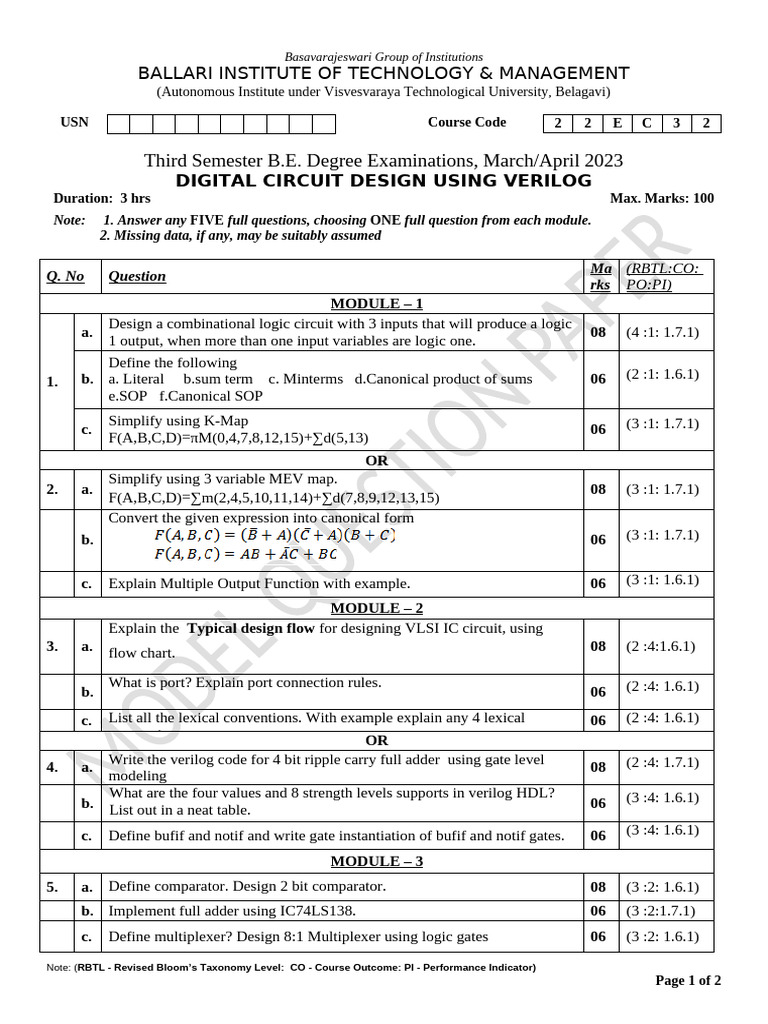 DCDV ModelQP 2023-24 22EC32 | PDF | Logic Gate | Computer Engineering