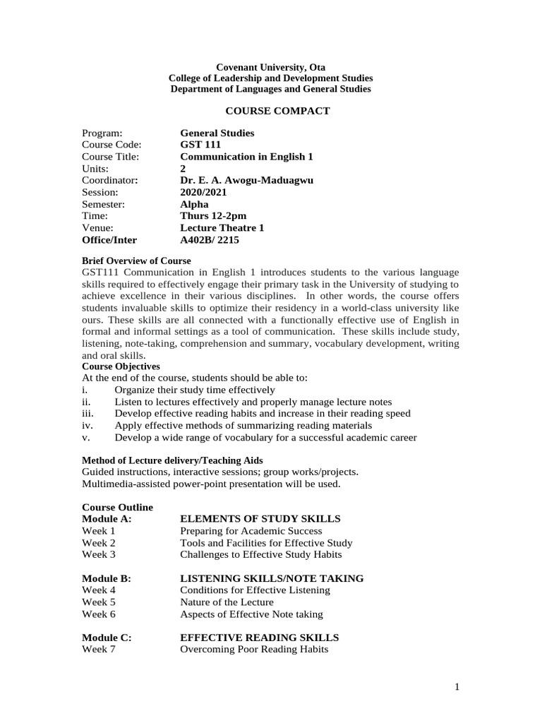 GST 111 2020-2021 Course Compact | PDF | Word | Lecture